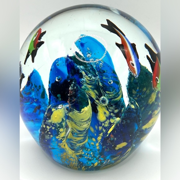 Accents | Art Glass Paperweight Marine Nautical Blue Waves Four Fish ...